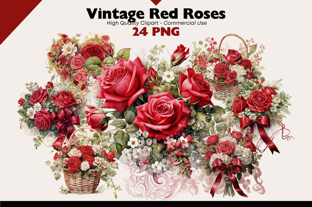 Vintage Roses Clipart Bundle, Red Rose Bouquet PNG, Roses in Basket ...