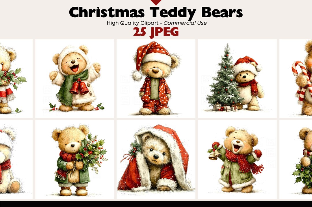 Christmas Teddy Bears Clipart, Cute Holiday Bear Illustrations, Winter ...