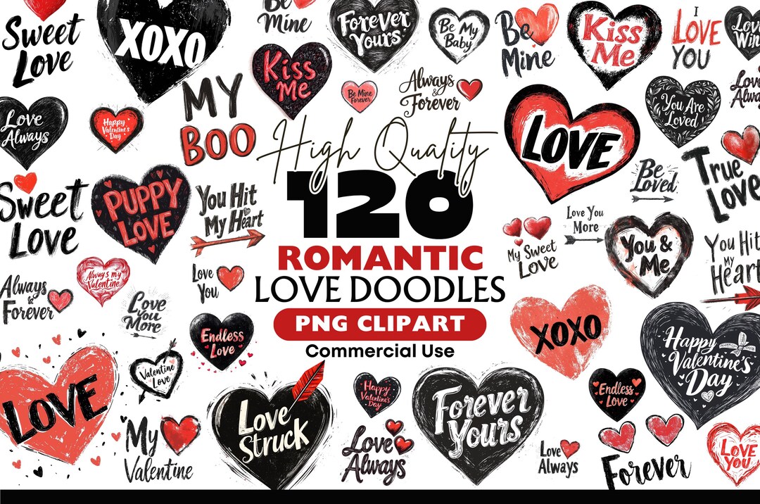 Romantic Love Doodles Clipart, Valentine’s Day Heart Sketch, Handdrawn ...