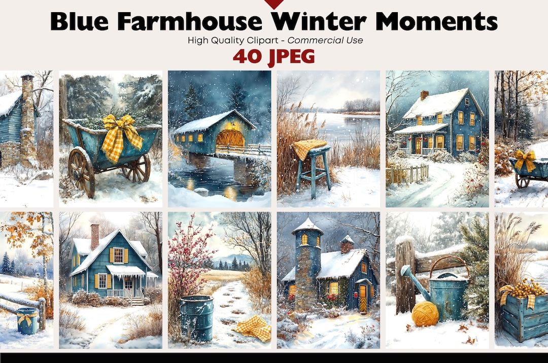 Winter Farmhouse Scenes Clipart, Cozy Blue Farm Winter JPEG, Rustic ...