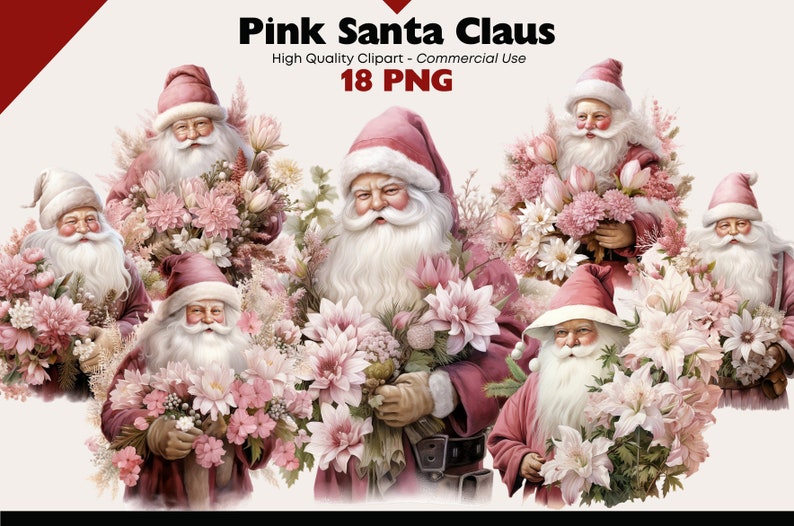 Pink Santa Clip Art, Watercolor Santa PNG, Retro Santa and Roses ...