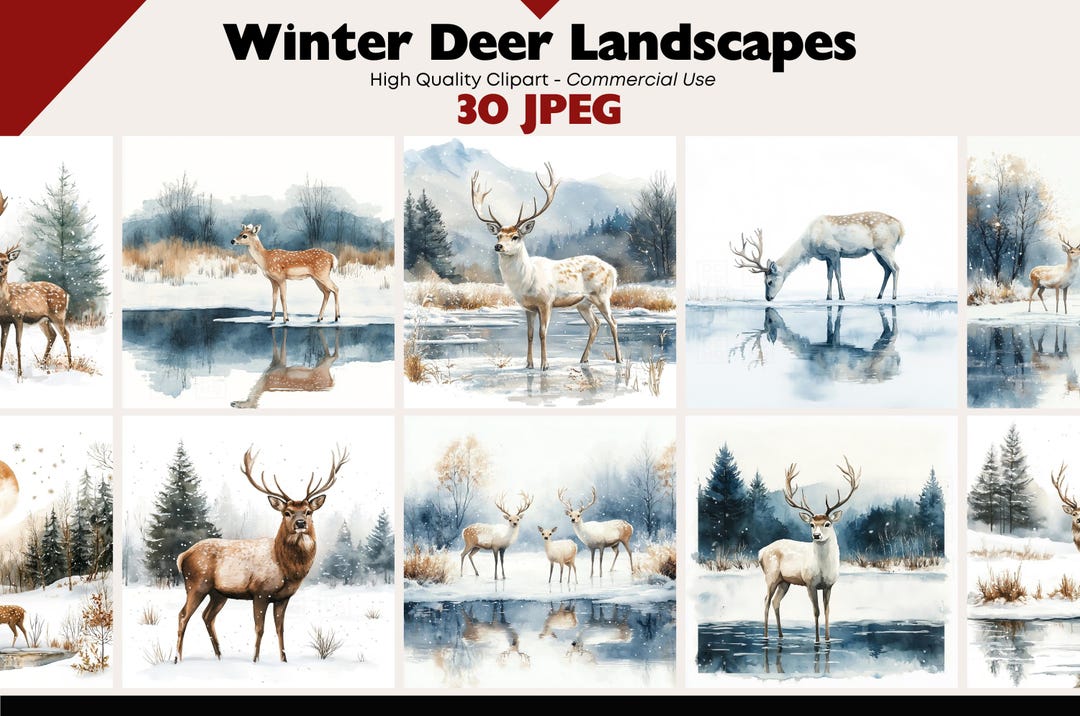 Winter Deer Clipart Bundle Snowy Landscapes Graphics Digital Download ...