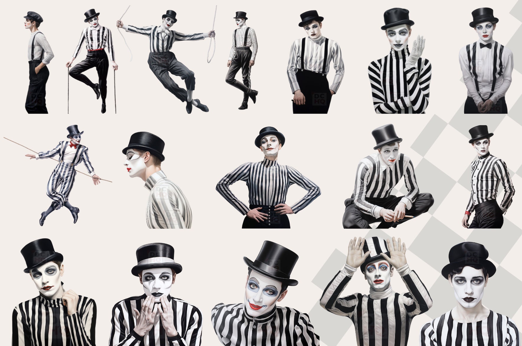 Mime Artist Clipart Bundle, Vintage Performer Watercolor PNG, Striped ...