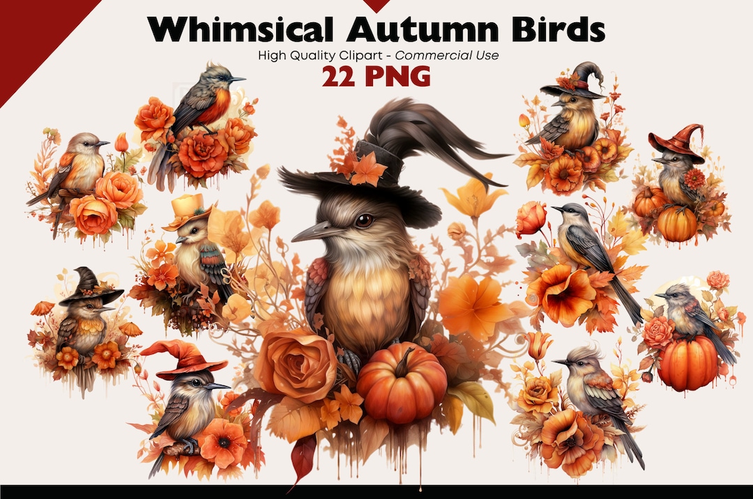 Whimsical Autumn Birds Clipart, Magical Bird Watercolor Bundle, Witches ...