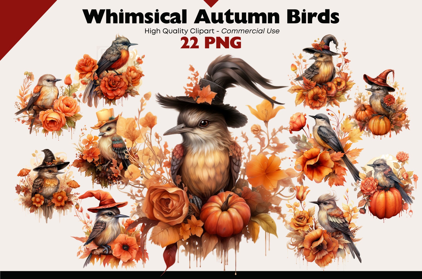 Whimsical Autumn Birds Clipart Magical Bird Watercolor - Etsy