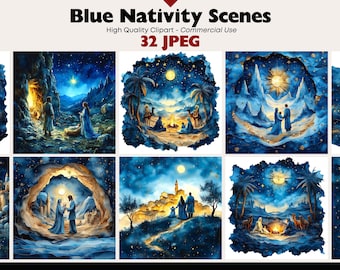 Blue Nativity Scenes Clipart Bundle Holy Night Graphics Digital ...