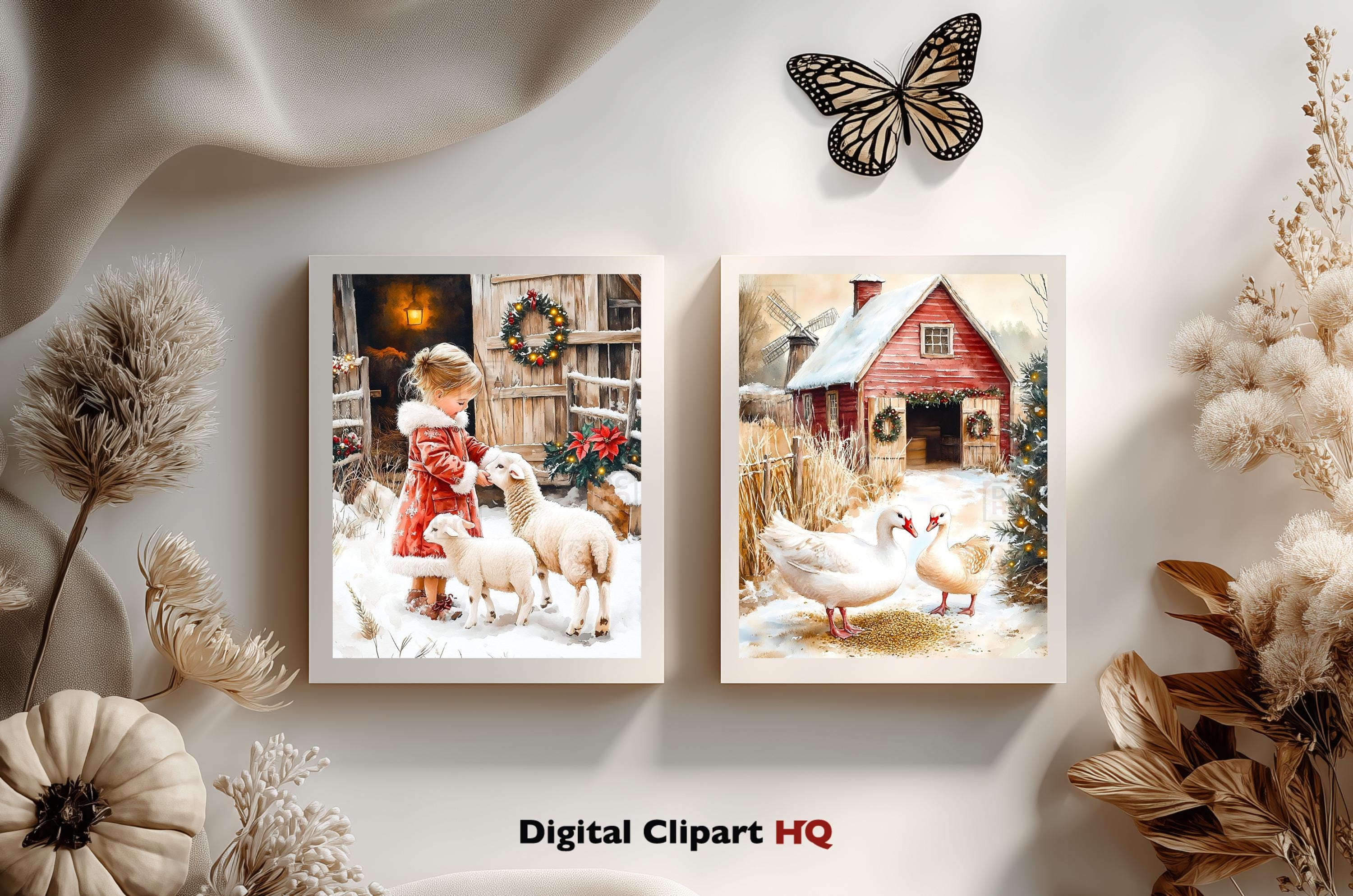 Winter Farm Clipart Bundle Snowy Countryside Farmhouse JPEG Graphics ...