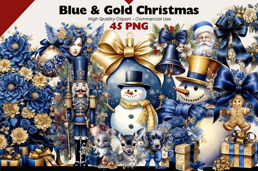 Blue and Gold Christmas Clipart Bundle, Watercolor Christmas PNG, Navy ...