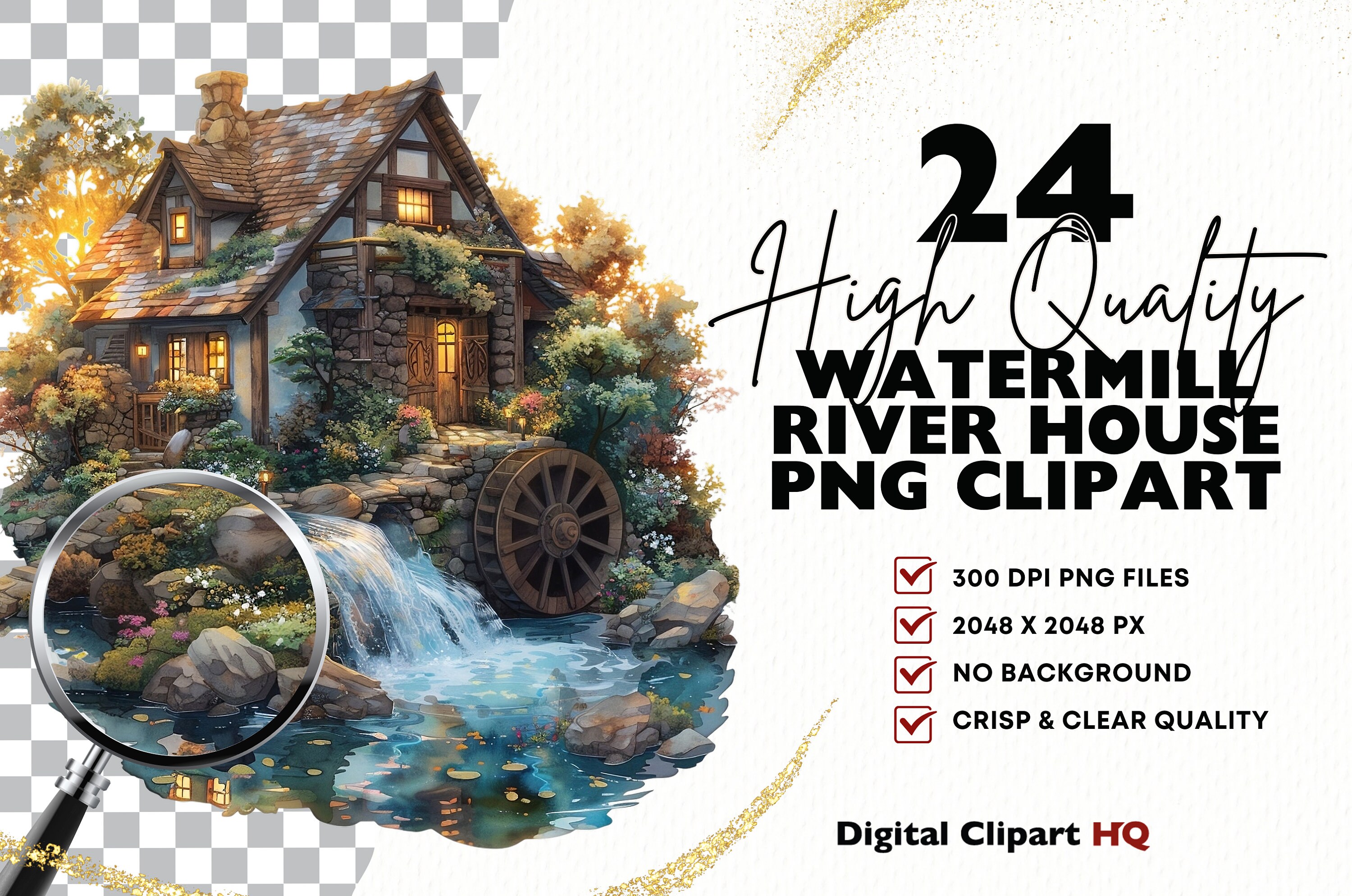 Watermill Clipart Bundle, Nature Landscape Watercolor, River House ...