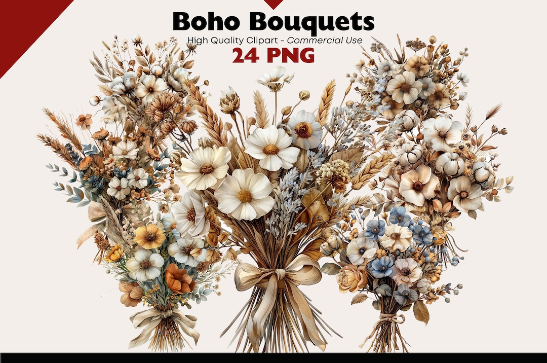 Watercolor Bohemian Flowers Clipart Bundle, Beautiful Boho Floral ...