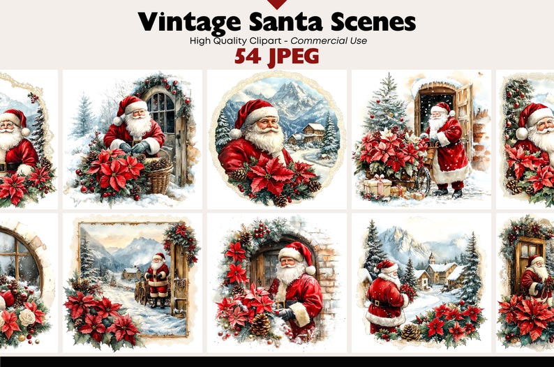 Vintage Santa Scenes JPEG Clipart Christmas Art Holiday Santa Claus ...