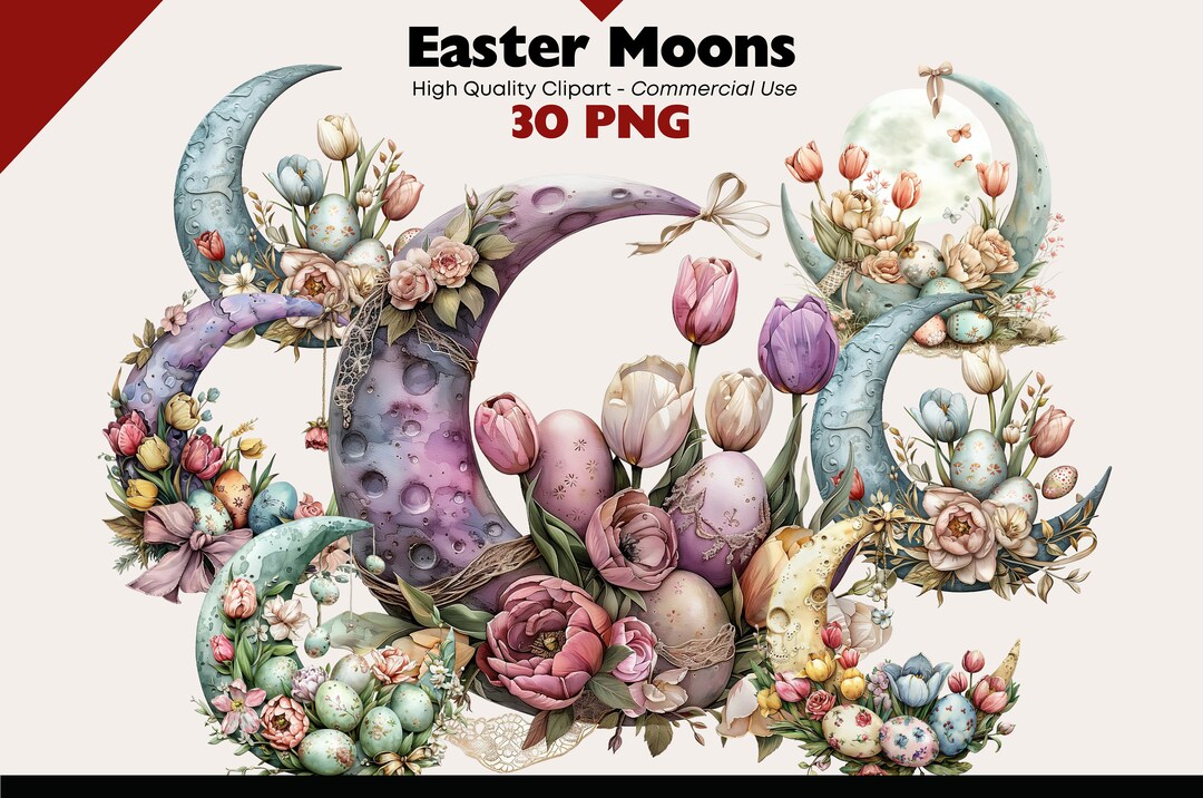 Easter Moon Clipart Bundle, Nursery PNG Lunar Watercolor, Whimsical Moon Printable, Floral ...
