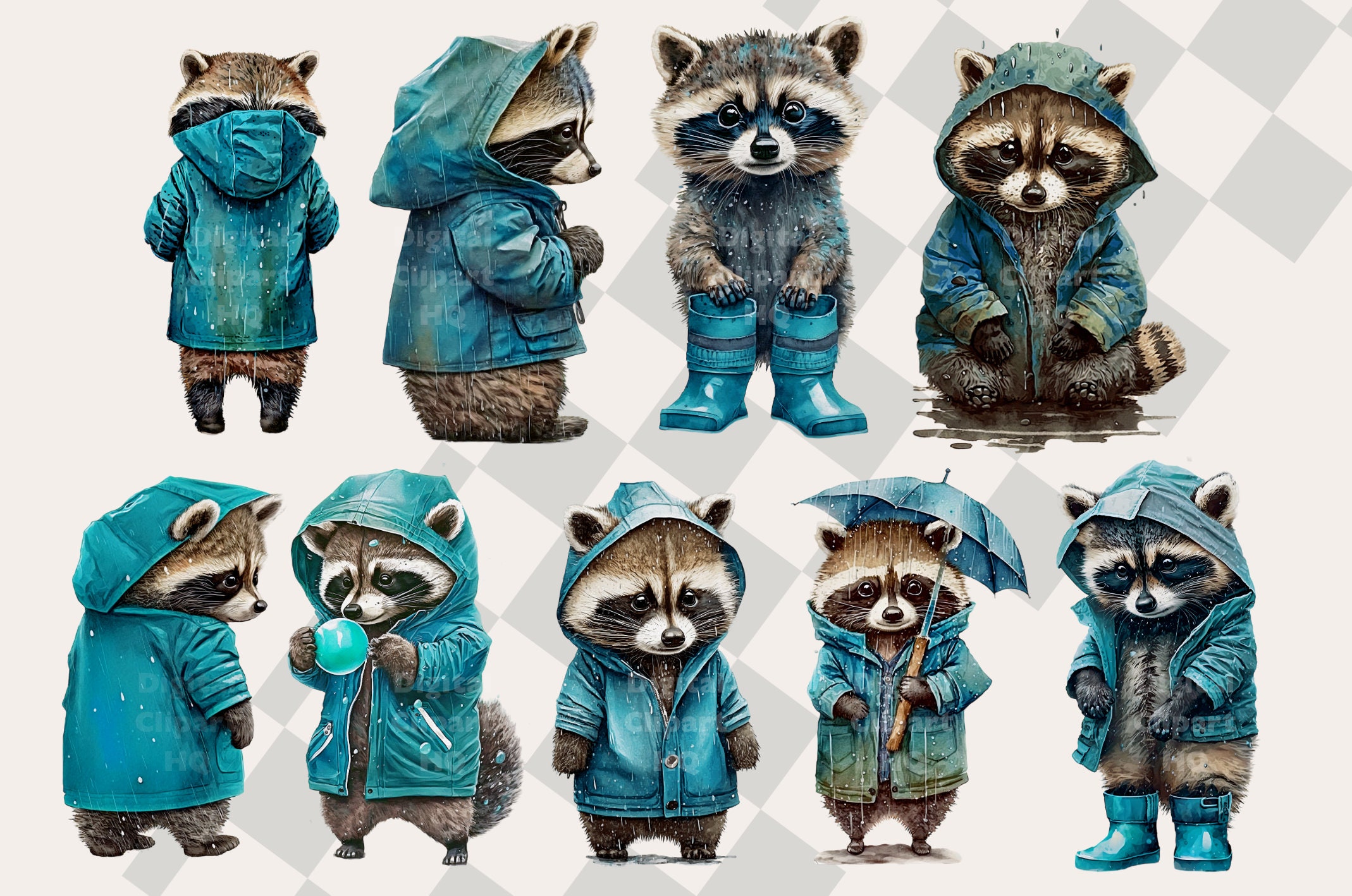 Rainy Raccoon Clipart Bundle Blue Raincoat Watercolor Clipart - Etsy