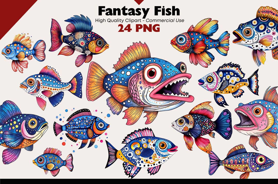 Fantasy Fish Clipart Bundle Watercolor Printable Sea Animals PNG Ocean ...