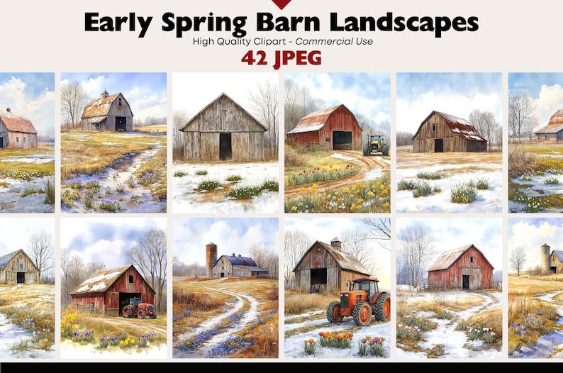 Early Spring Barn Landscapes Clipart JPEG, Farmhouse Spring Scenes ...
