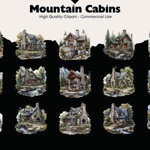 Rustic Mountain Cabins Clipart Bundle, Forest Cottage Watercolor, Stone House Printables ...