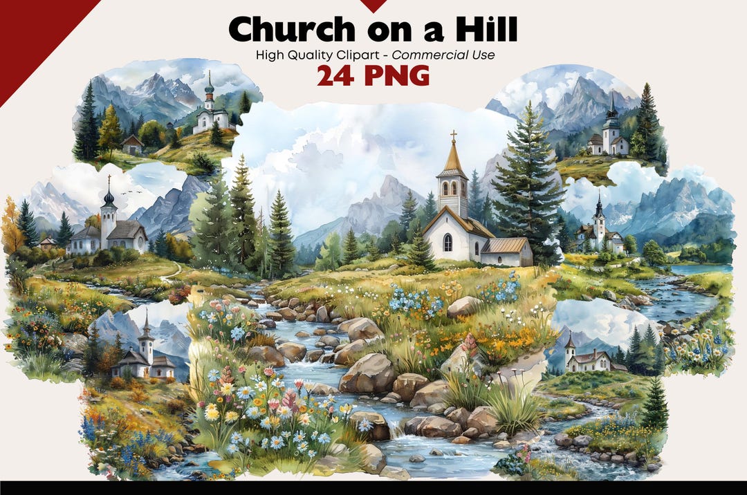 Beautiful Church Clipart Bundle Religious Landscape Watercolor Church ...