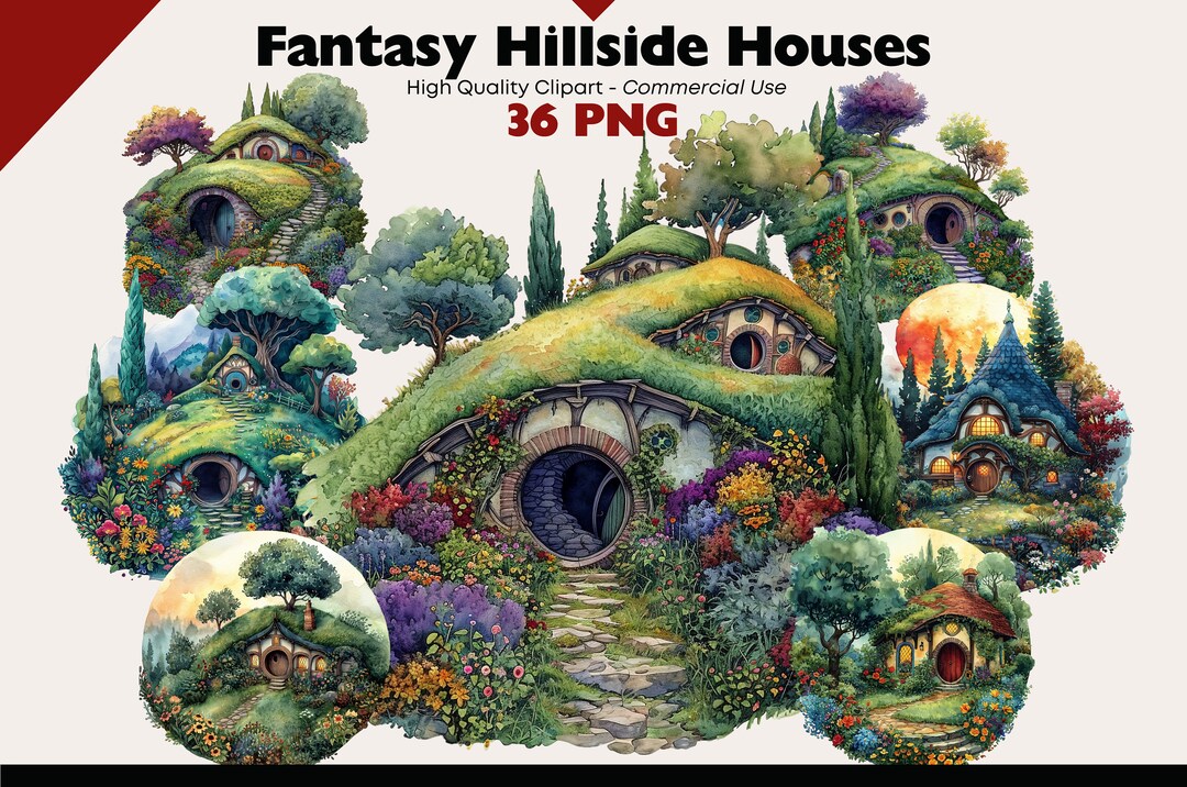 Fantasy Hillside Houses Clipart, Underground House Watercolor, Round ...