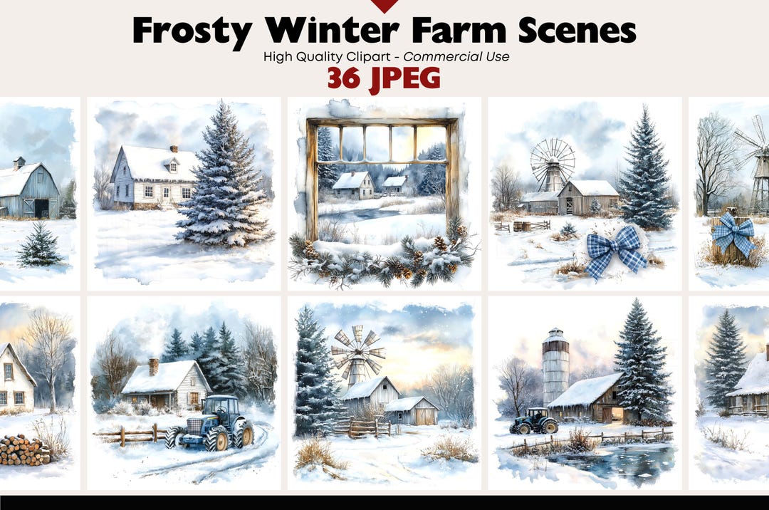 Frosty Winter Farm Scenes Clipart, Snowy Farmhouse Landscape JPEG Set ...
