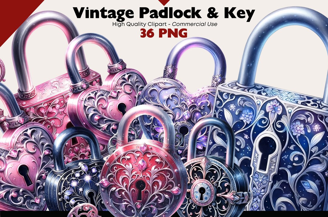 Vintage Padlock Clipart Bundle, Watercolor Lock and Key PNG, Victorian ...