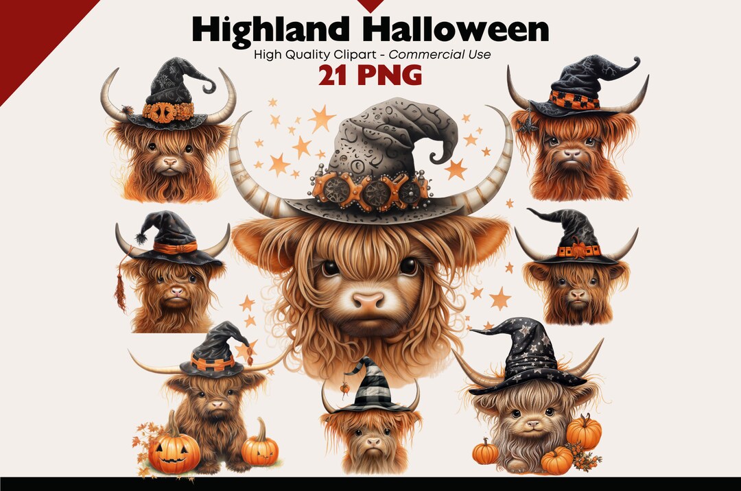 Halloween Highland Cow Clipart Bundle, Cute Cow Witches Hat PNG ...