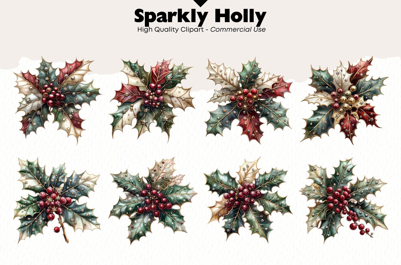 Watercolor Christmas Holly Clipart Bundle Traditional Winter Graphics ...