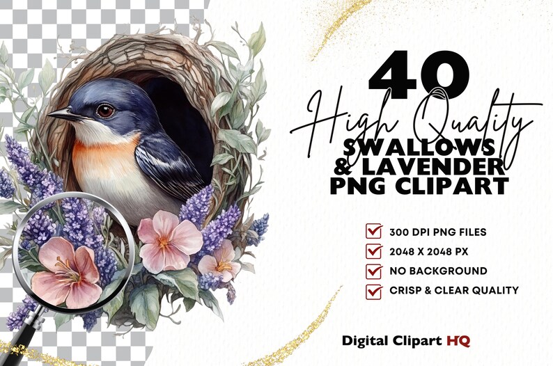 Swallows in Lavender Clipart Bundle Spring Birds PNG Watercolor ...