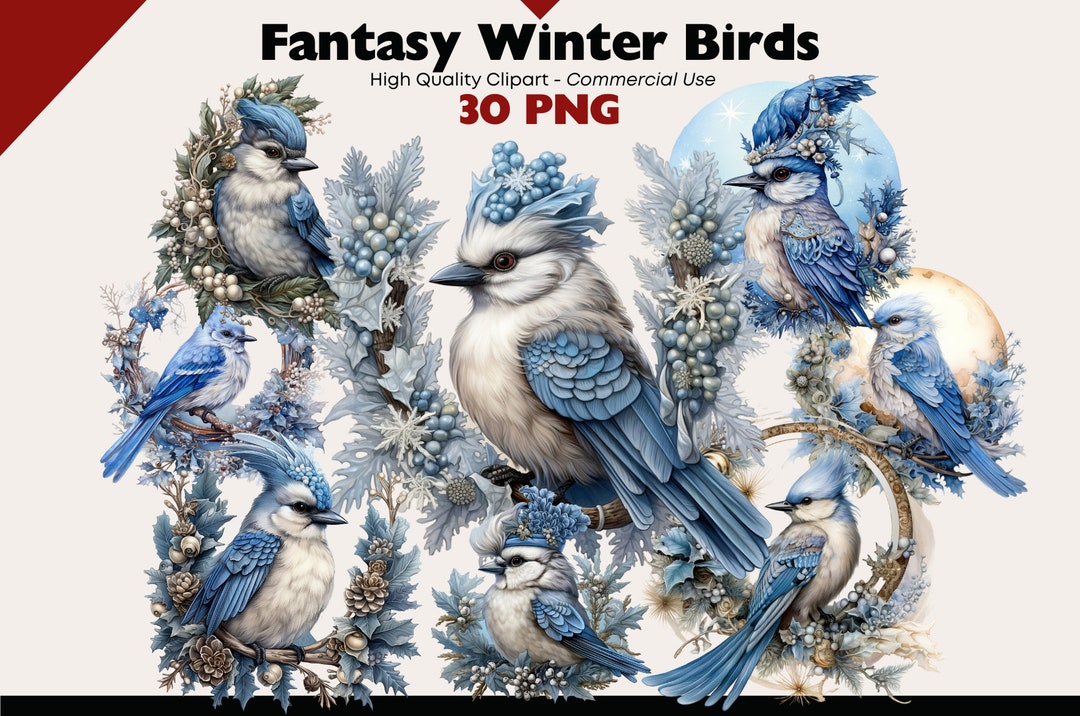 Blue Winter Birds Clipart Bundle, Fantasy Birds Watercolor, Christmas ...