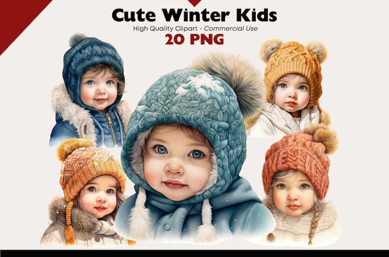 Cute Winter Kids Clipart Bundle, Toddler Watercolor PNG, Adorable ...