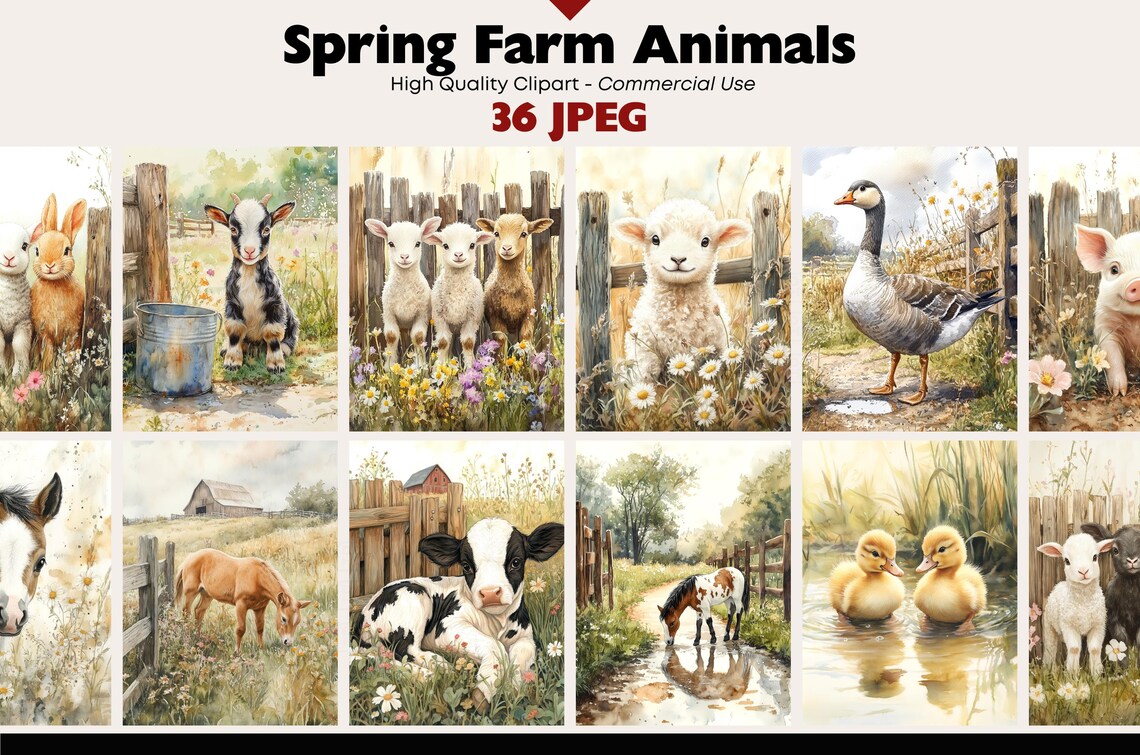 Spring Farm Animals Clipart JPEG, Floral Summer Animals, Rustic Farm ...