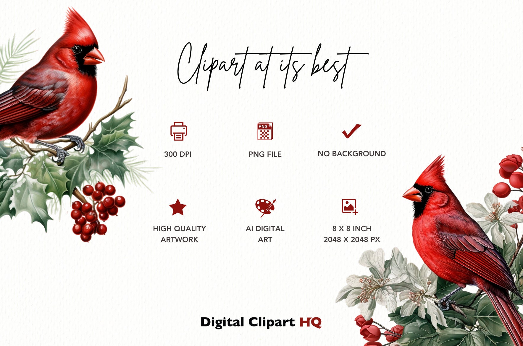 Christmas Red Cardinal Clipart Bundle, Winter Bird Watercolor, Two ...