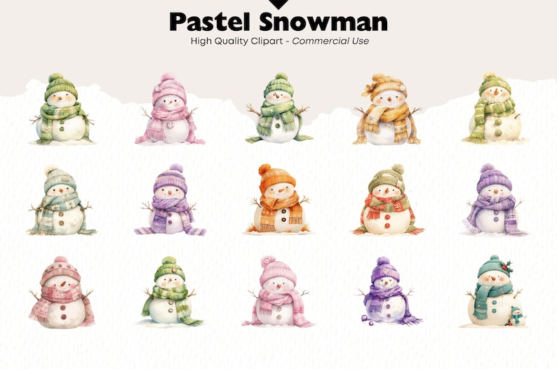 Pastel Snowman Clipart PNG, Winter Snowmen in Scarves, Soft Christmas ...
