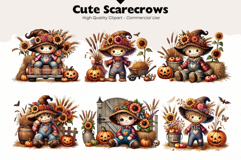 Cute Scarecrow Clipart Bundle Autumn Watercolor Graphics Scarecrow PNG ...