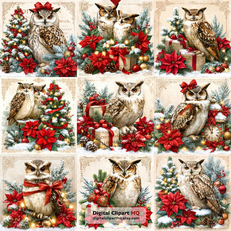 JPEG Watercolor Christmas Owl Clipart, Printable JPG Vintage Christmas ...