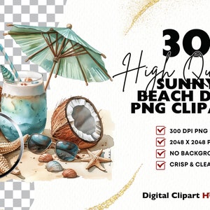 Sunny Beach Day Clipart Bundle Cute Beach Illustrations Watercolor ...