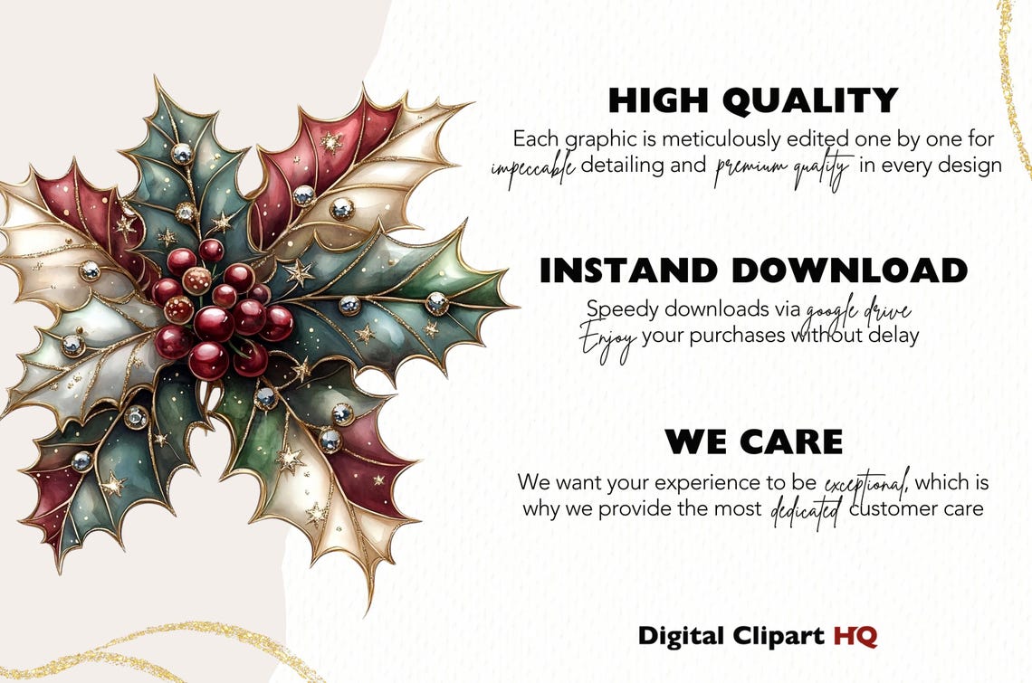 Watercolor Christmas Holly Clipart Bundle Traditional Winter Graphics ...