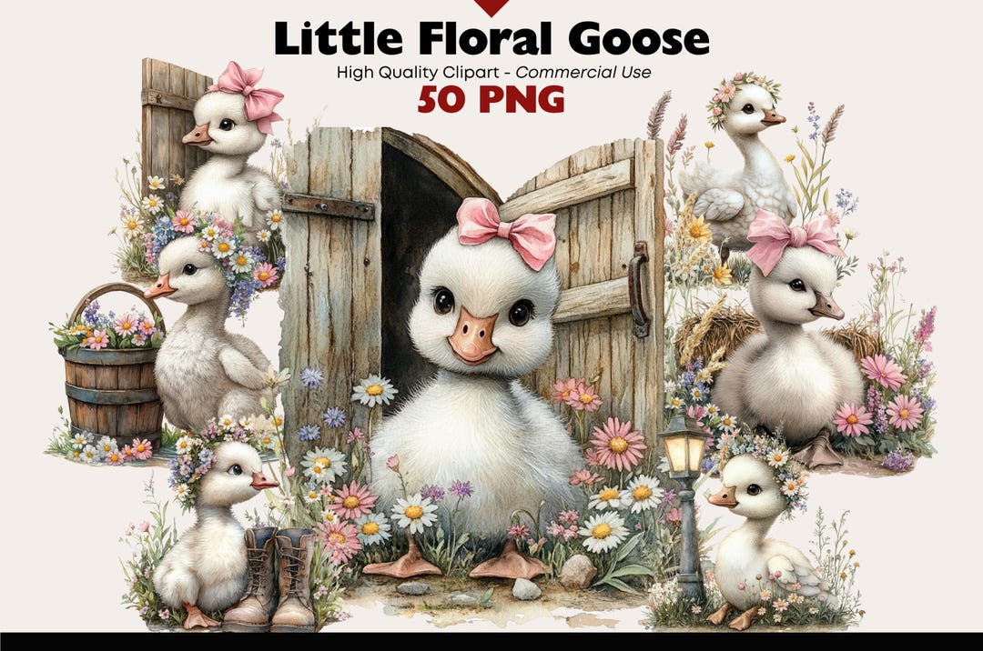 Little Floral Goose Clipart Bundle | Cute Baby Goose With Flowers PNG ...