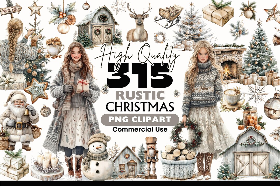 Rustic Christmas Clipart PNG Cozy Winter Holiday Illustrations ...