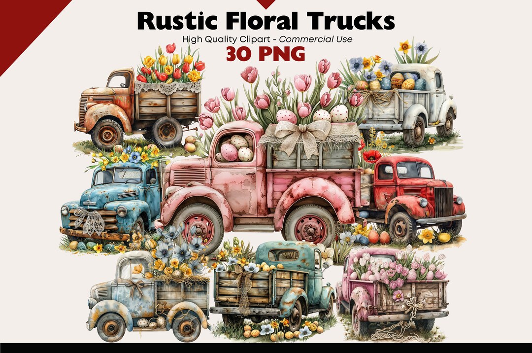 Rustic Truck Clipart Bundle, Old Vehicle Watercolor Graphics, Floral ...
