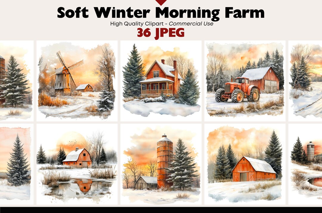 Winter Farm JPEG Clipart, Christmas Barn Scenes, Rustic Winter ...