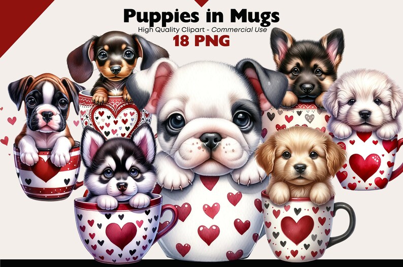 Puppies in Mugs Clipart, Cute Puppy Love PNG Cup, Heart Puppies Mug ...
