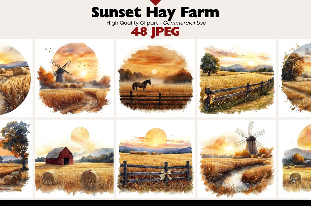 Sunset Hay Farm JPEG Clipart Rustic Harvest Field Landscape Digital ...