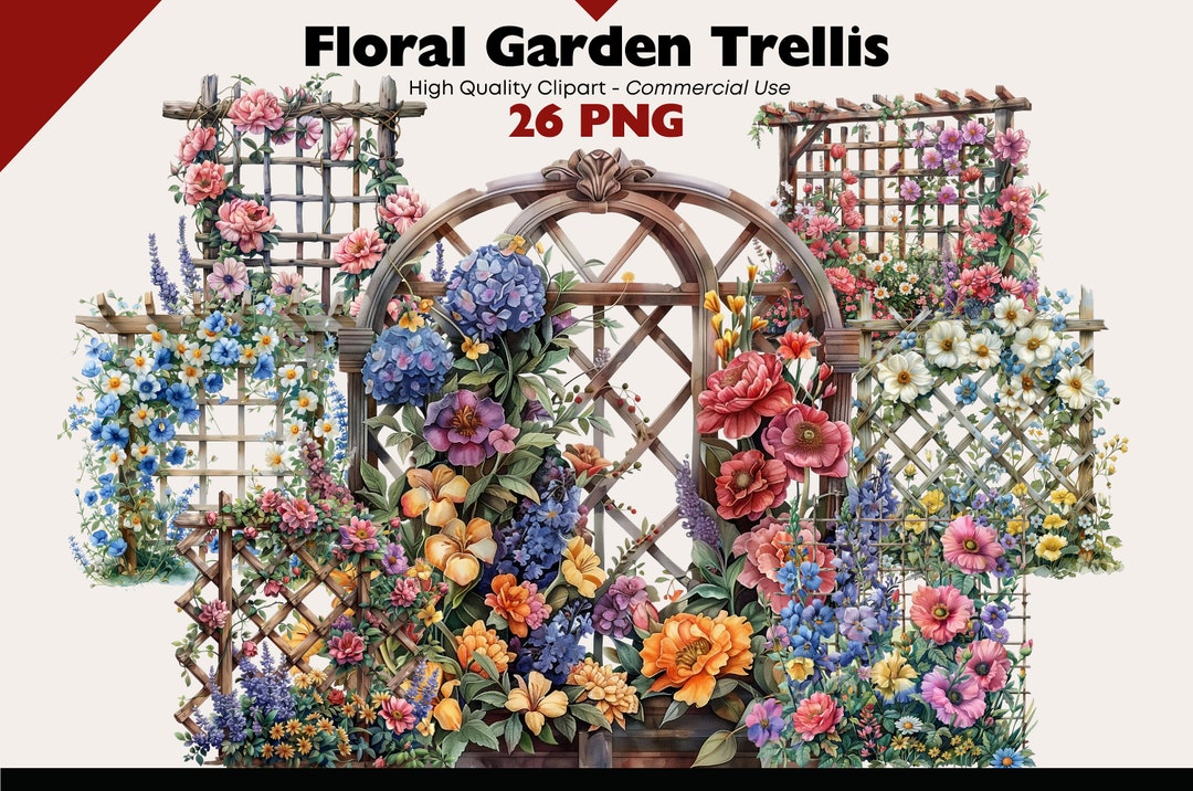 Floral Garden Trellis Clipart Bundle, Watercolor Gardening Graphics ...