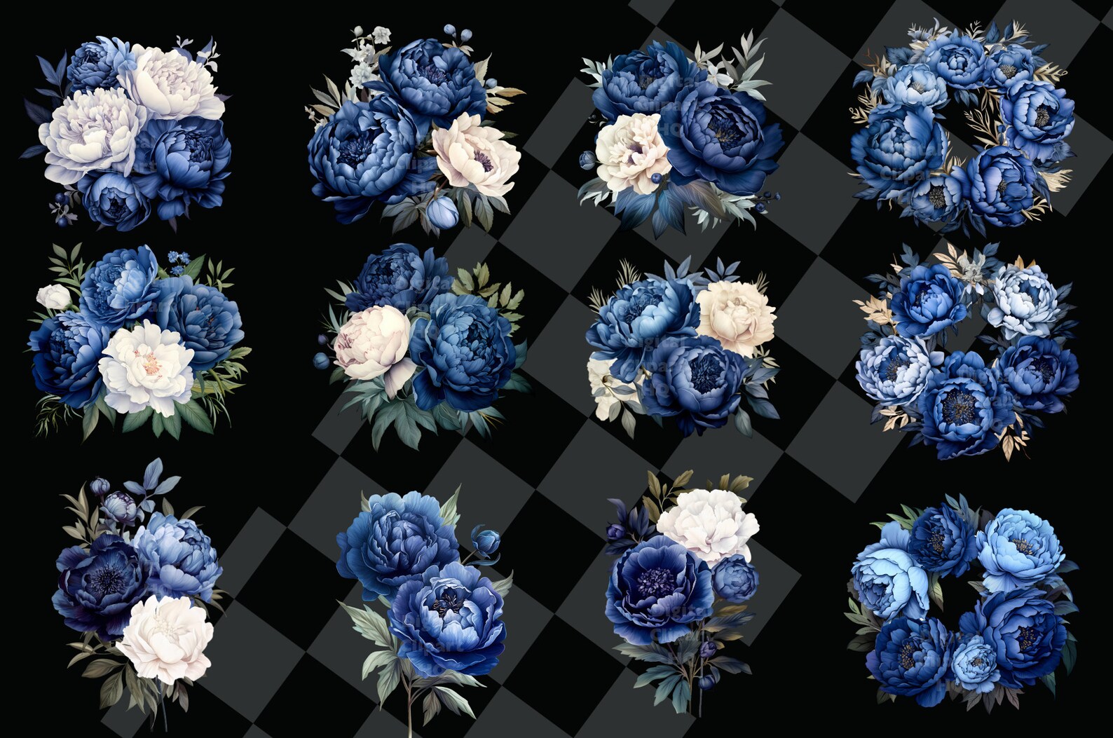 Blue Peony Clipart Bundle, Watercolor Peonies Clipart Graphics Set ...