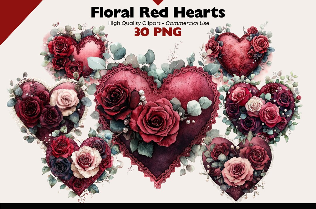 Floral Red Heart Clipart Bundle Watercolor Valentines Day Decor PNG ...