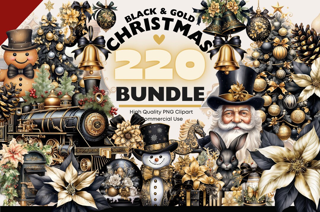 Black and Gold Christmas Clipart Bundle Watercolor Christmas PNG ...