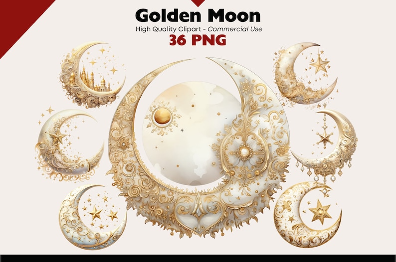 Gold Moon Clipart Set Whimsical Moon Wall Art Golden Moon - Etsy