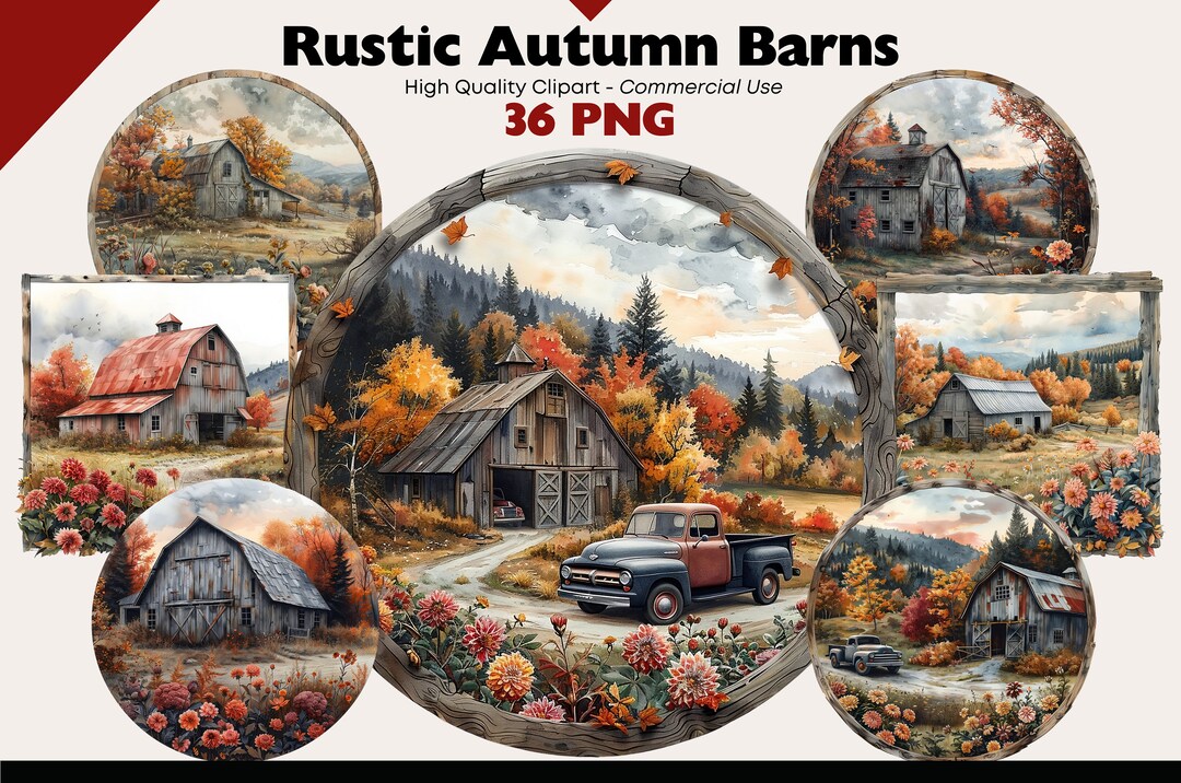Rustic Autumn Barn Clipart Bundle Farm PNG Autumn Landscape Watercolor ...