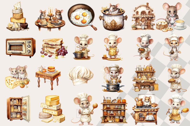 Cute Little Mouse Chef Clipart Bundle, Mice in Kitchen Watercolor ...