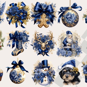 Blue and Gold Christmas Clipart Bundle, Watercolor Christmas PNG, Navy ...
